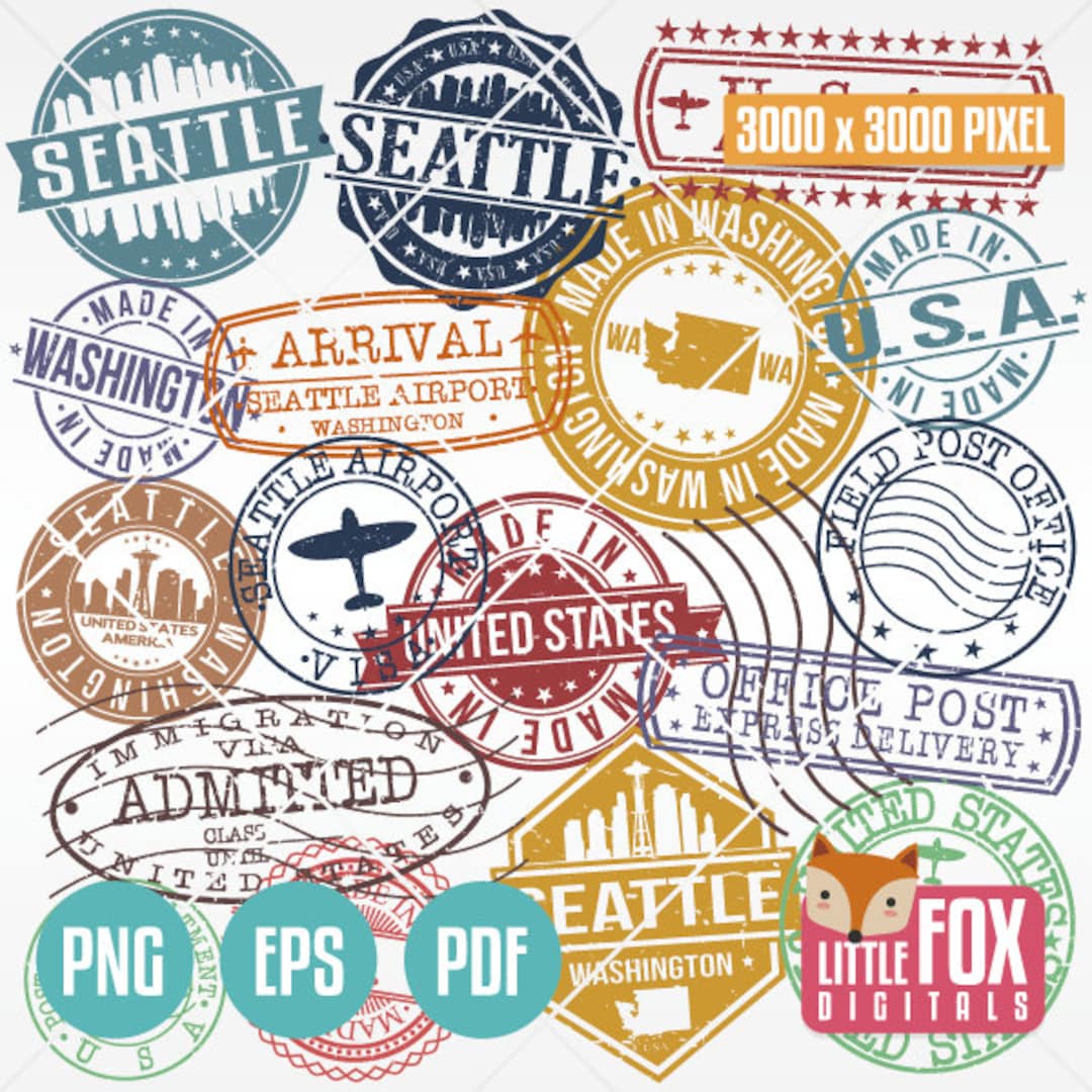 SEATTLE WASHINGTON, USA Set of Stamps. Made in Seal Travel Passport ...