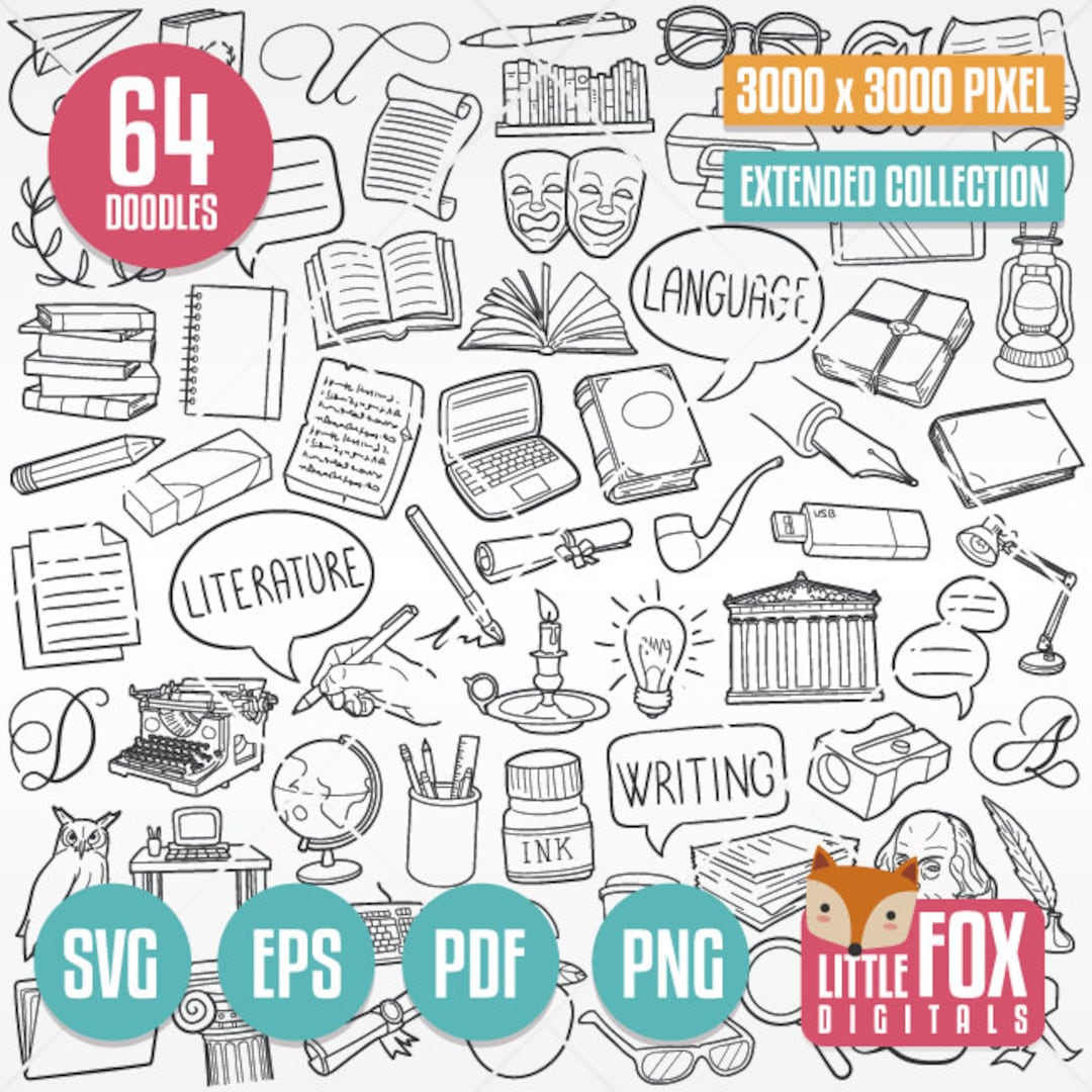 LITERATURE and LANGUAGE SVG Doodle Vector Icons Clip Art. Subject ...