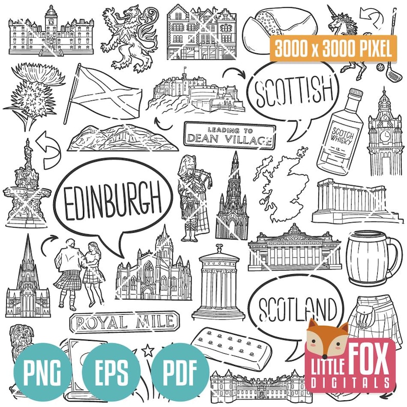 EDINBURGH, Scotland DOODLE Icons. Travel Scottish Tourism. Culture and ...