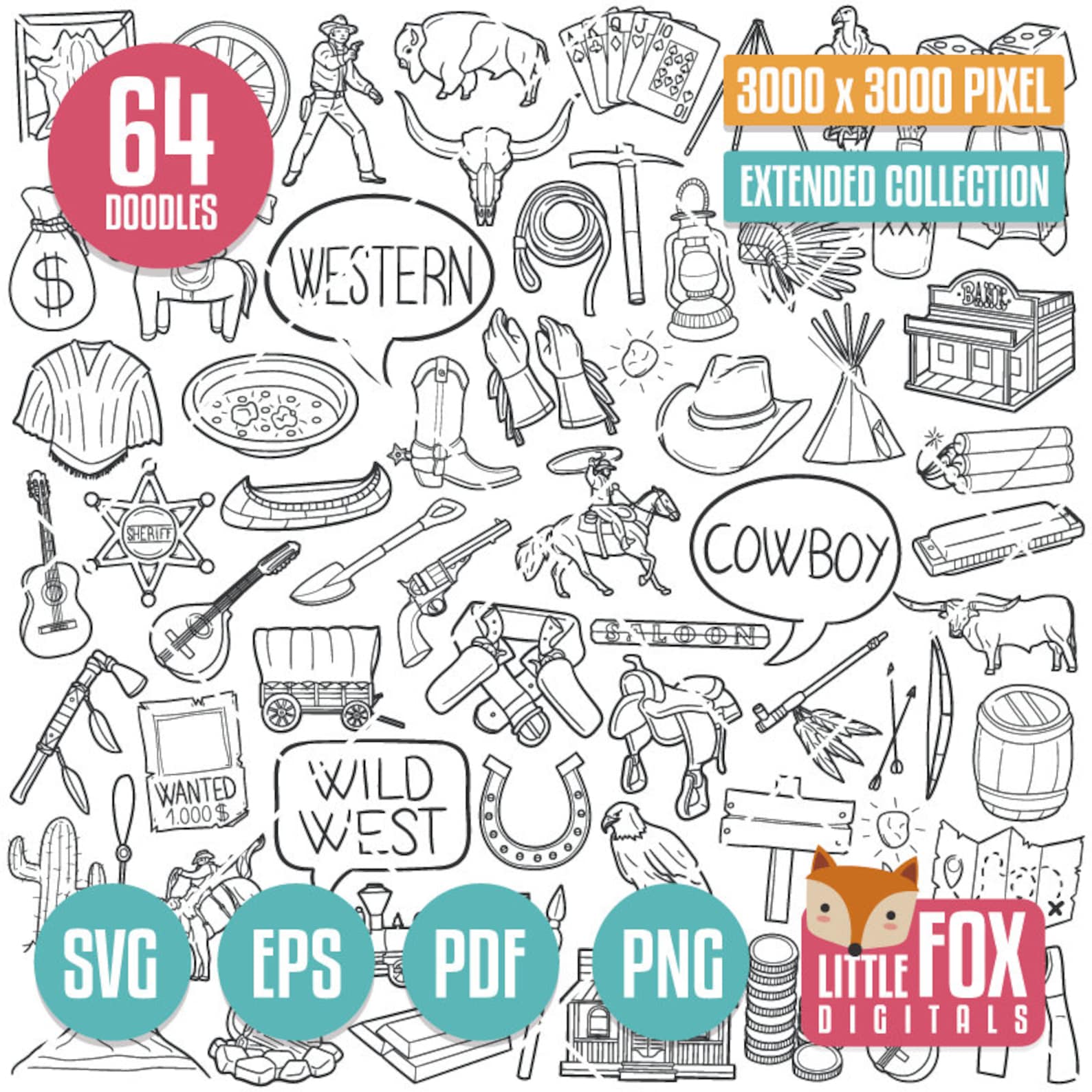 WILD WEST SVG Doodle Icons. Farwest Clipart Western America. - Etsy