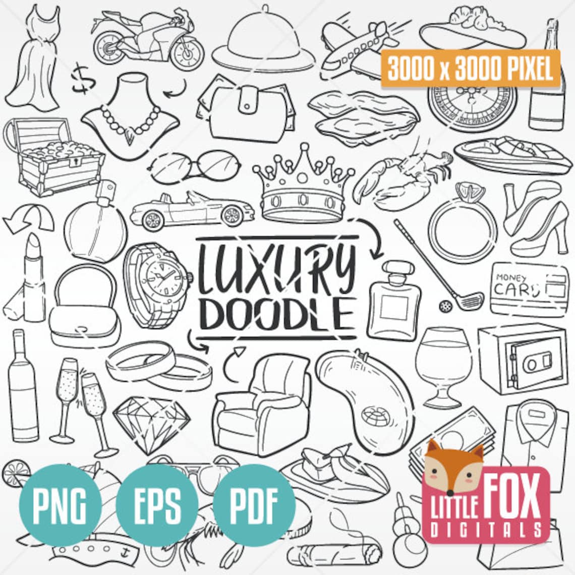 LUXURY Doodle Icons, Rich With Money Doodle Icons. Luxury Clipart ...