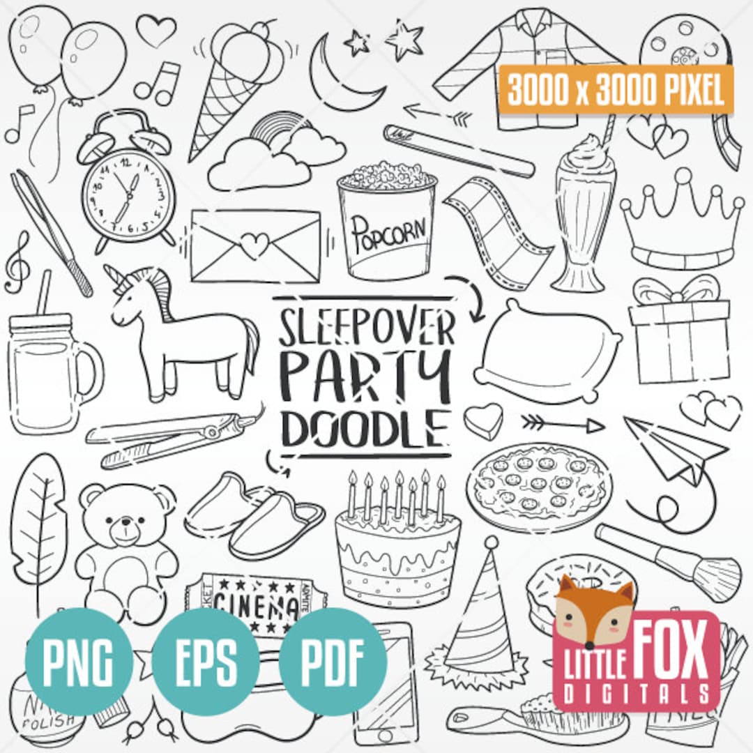 SLEEPOVER, Doodle Vector Icons. Slumber Party Girls Night Doodle Icons ...
