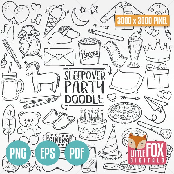 SLEEPOVER, Doodle Vector Icons. Slumber Party Girls Night Doodle Icons ...