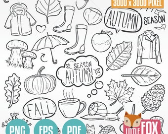 AUTUMN, Doodle Vector Icons. Season Fall Concept Art Cartoon. Clipart ...