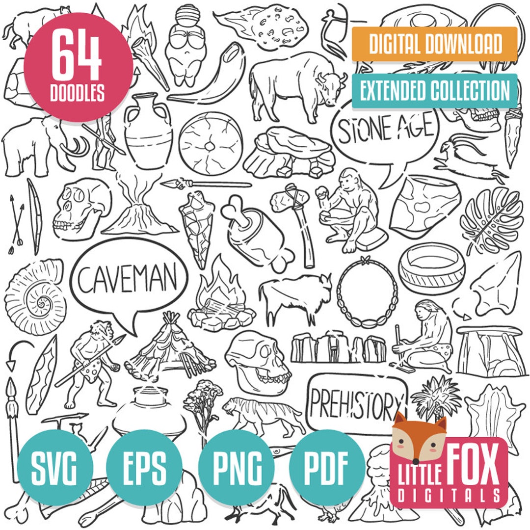 STONE AGE SVG, Prehistoric Ages Doodle Vector Icons Clip Art. History ...