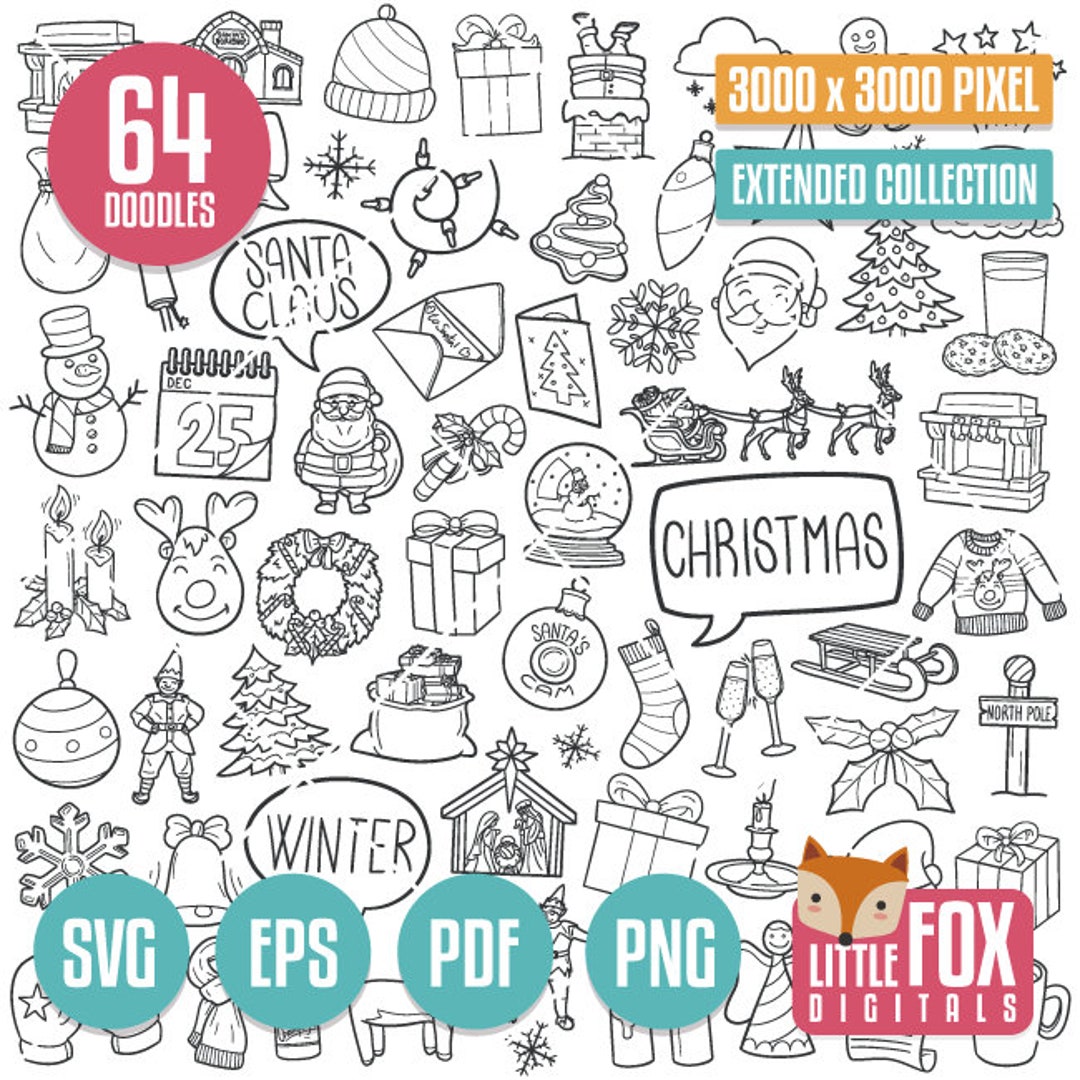 MERRY CHRISTMAS, Doodle Vector Icons. Winter Holidays Art Santa Claus ...