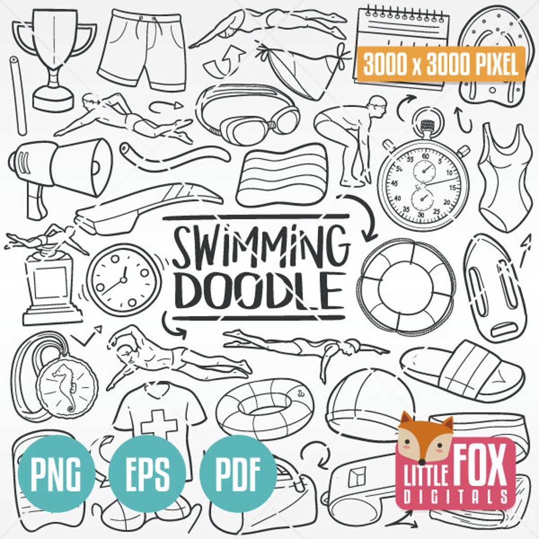 SWIMMING Pool Water Sport, Traditional Doodle Icons. Clipart Scrapbook ...