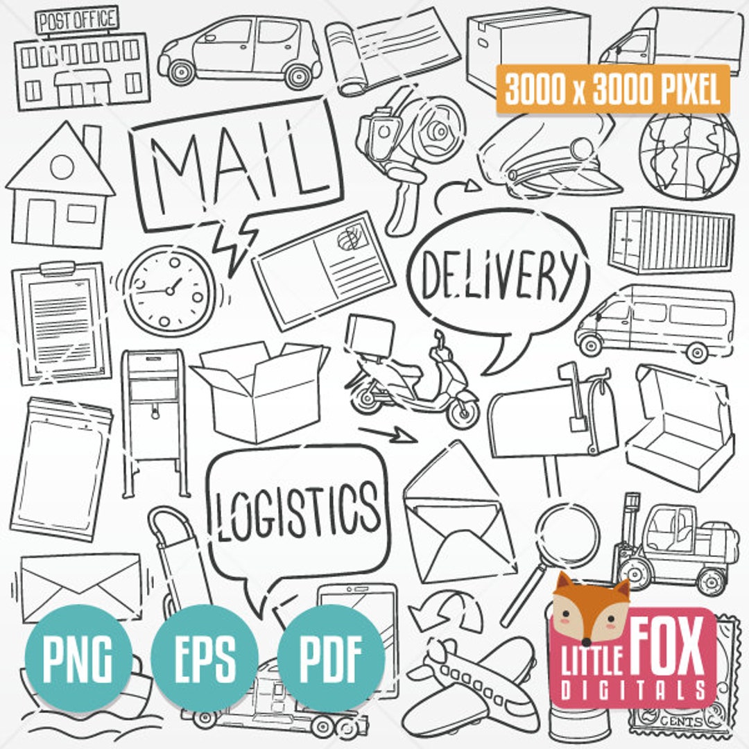 LOGISTICS, Doodle Vector Icons. Mail Post Office Postman Delivery ...
