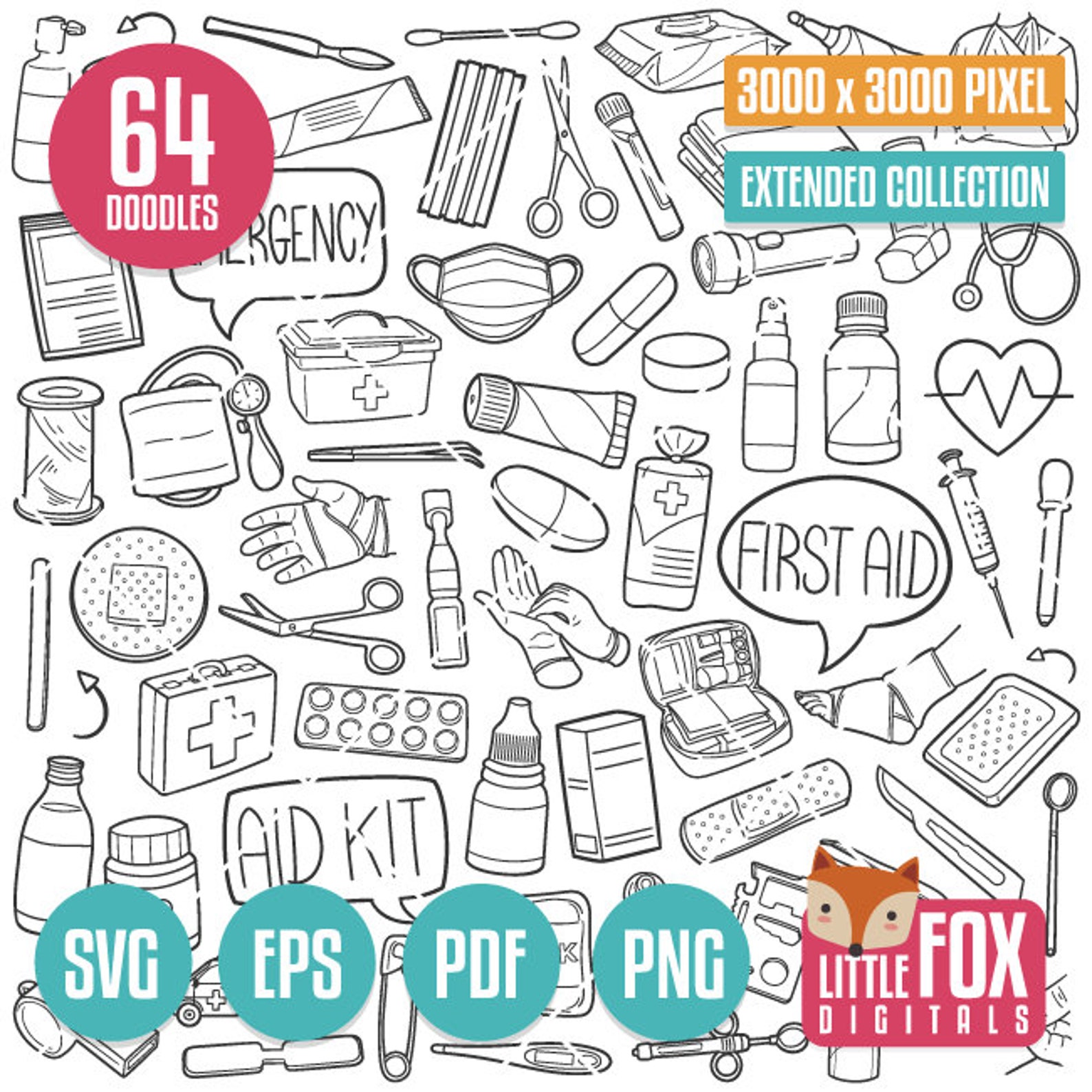 FIRST AID SVG Doodle Icon Vector. Medical Urgency Doodle Icons. First ...