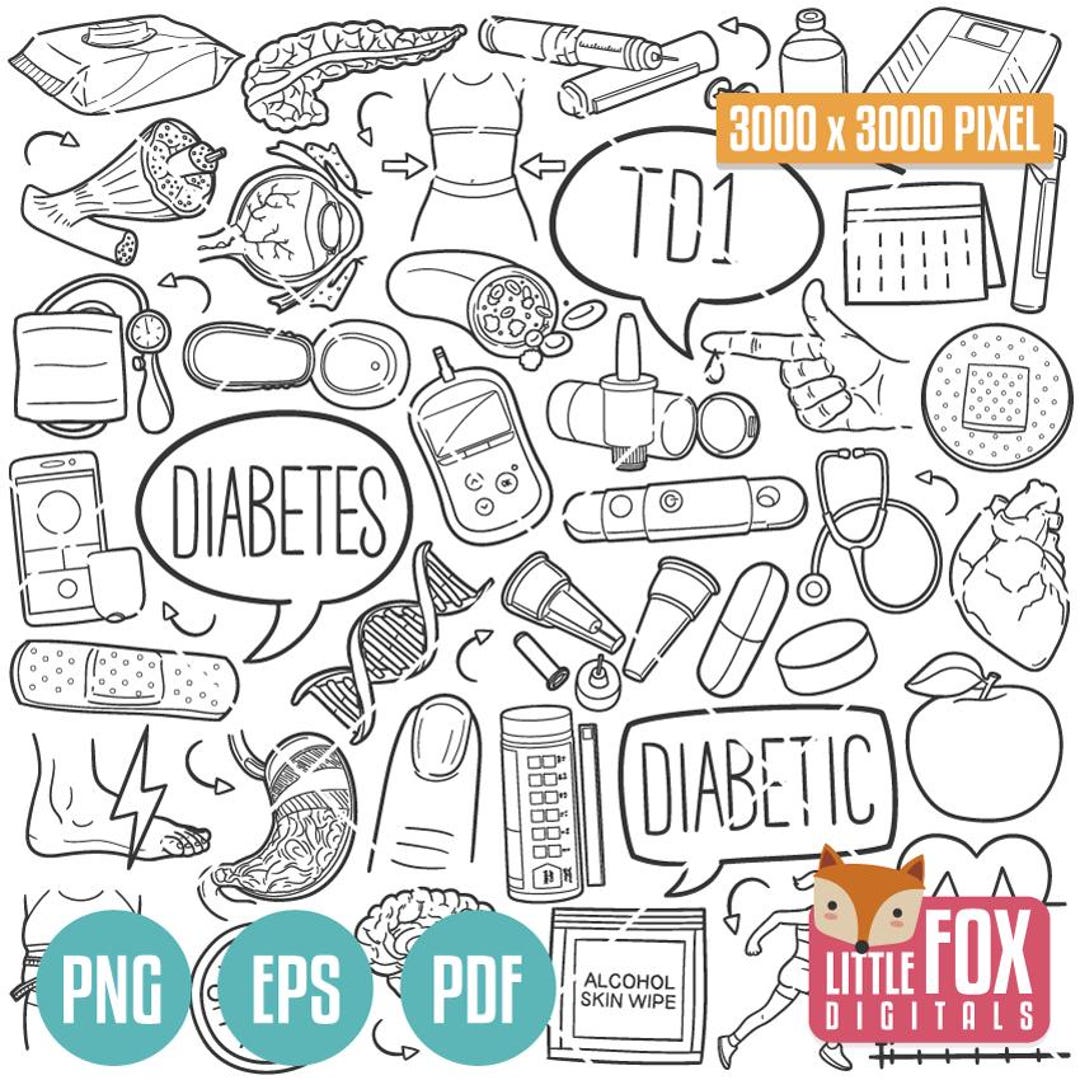 DIABETES Doodle Icons, TD1 Diabetic Tools Medical Doodle Icons Clipart ...