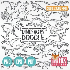 DINOSAURS, Prehistoric Animals Doodle. Dinosaurs Icons Clipart ...