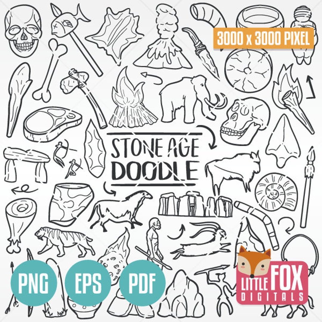 STONE AGE, Prehistory Caveman Design Doodles. Old History Icons Clipart ...