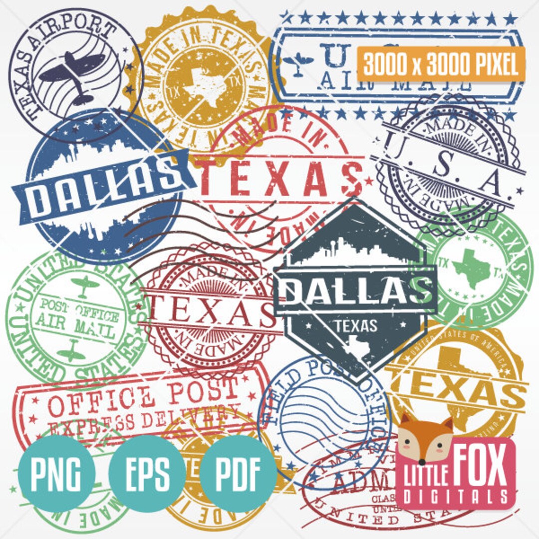DALLAS TEXAS, USA Set of Stamps. Texan Made Seal. Travel Passport ...