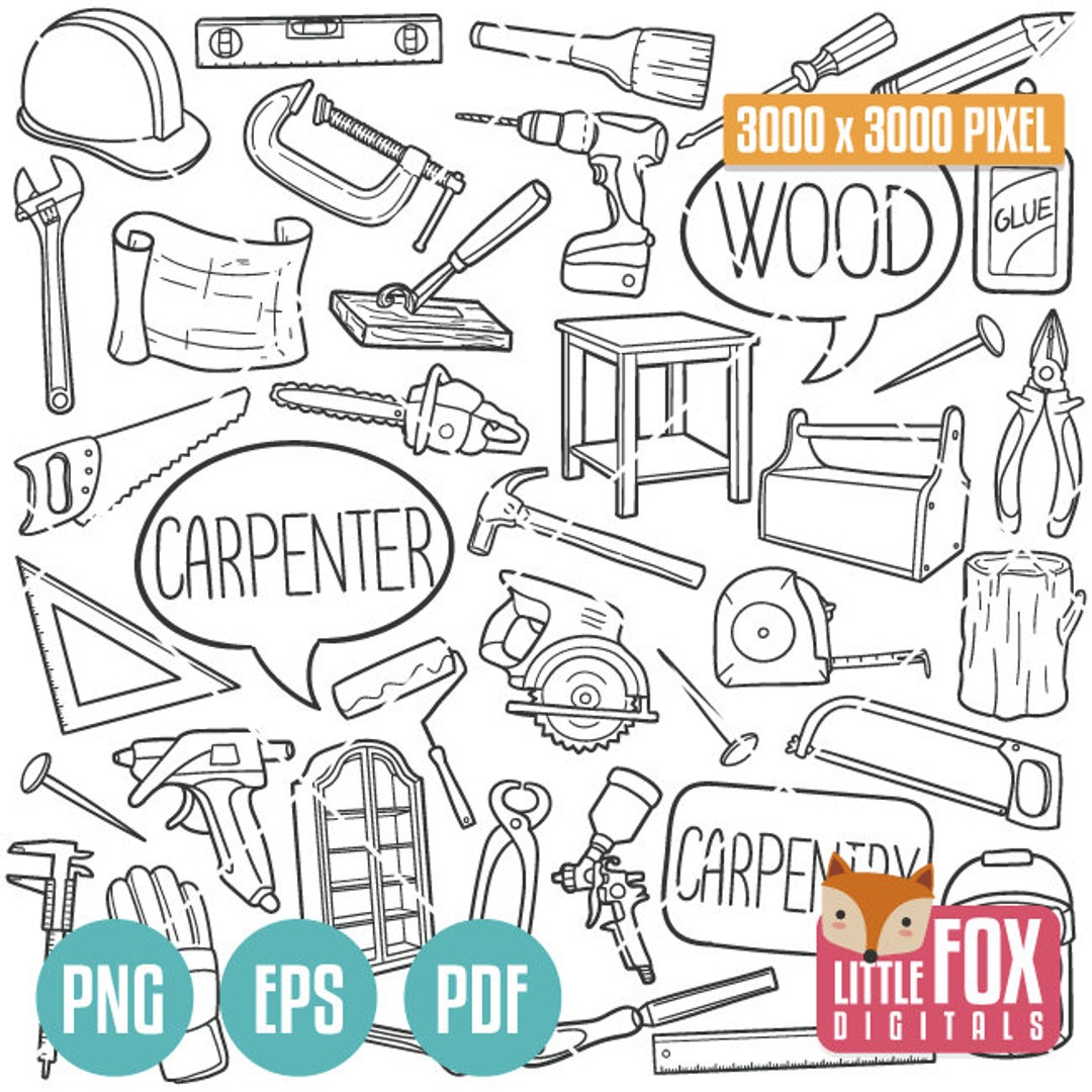 Carpenter Doodle Icons. Carpentry Clipart Scrapbook Vector Set ...