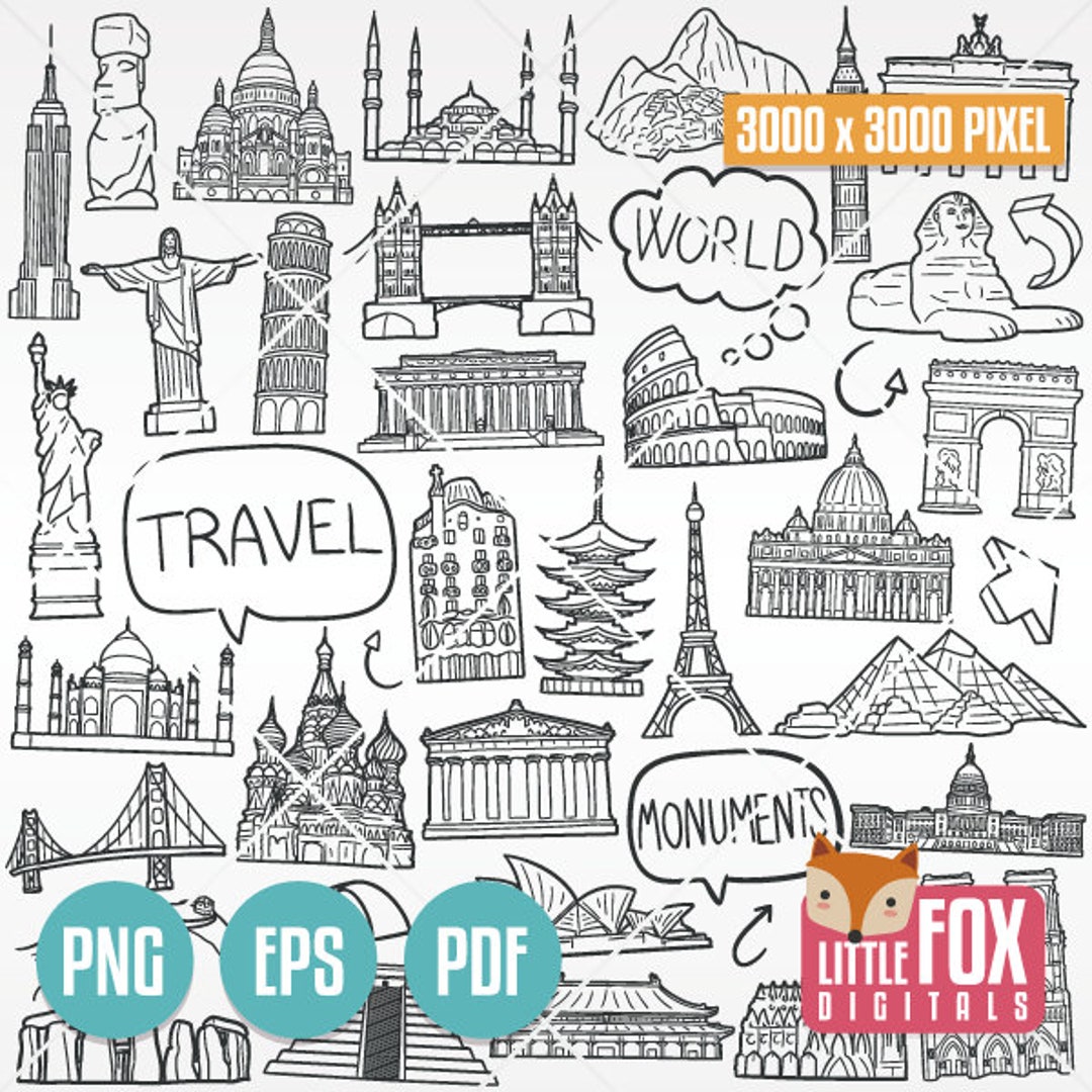 WORLD MONUMENTS, Doodle Vector Icons. Travel Tourism Famous Buildings ...