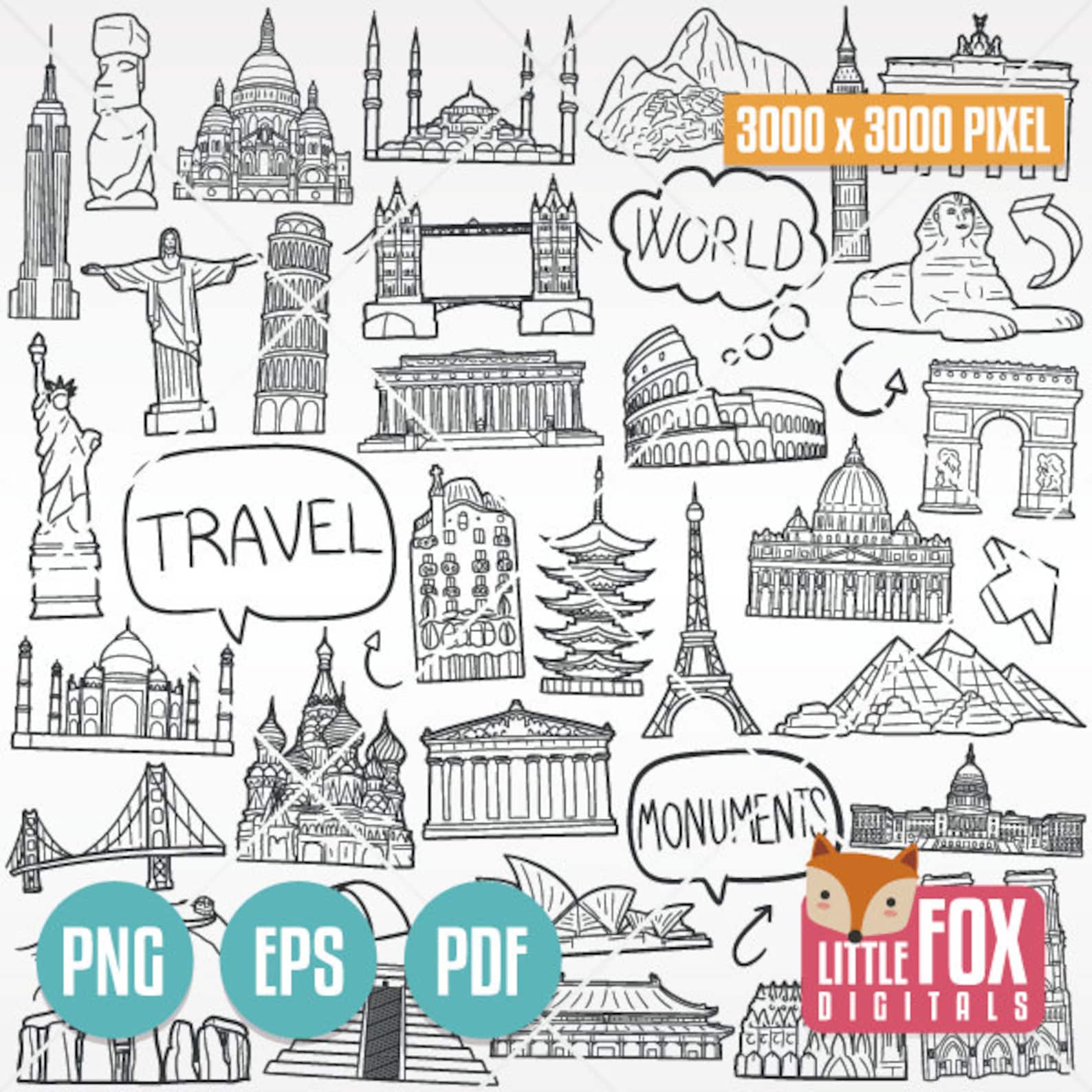 WORLD MONUMENTS, Doodle Vector Icons. Travel Tourism Famous Buildings ...