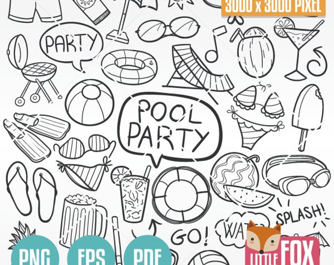 POOL PARTY Happy Day Family Friends Holidays. Barbecue Doodle - Etsy