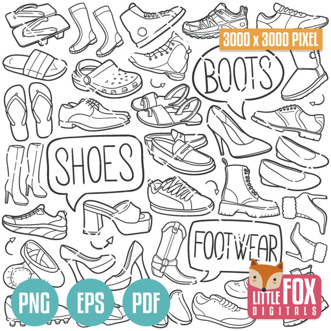 SHOES Doodle Clipart Icons. Footwear Clothes Bundle Scrapbook. Type of ...