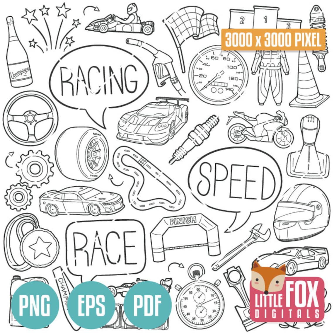 RACING CARS Clipart Travel Vector Doodle Icons. Speed Vehicles Icons ...