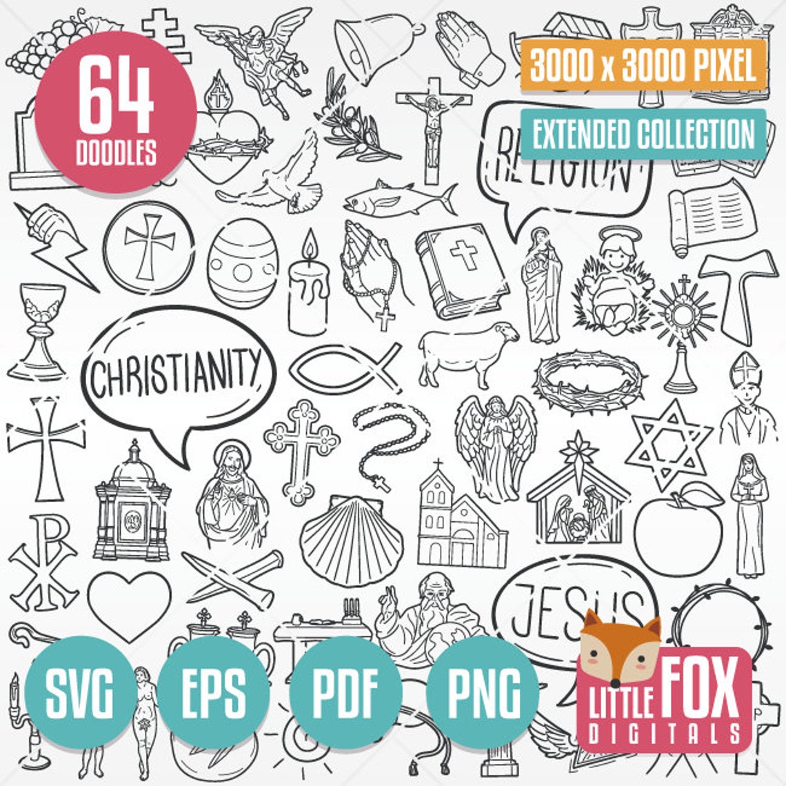 CHRISTIAN RELIGION SVG, Doodle Vector Icons. Christianity Cross Pray ...