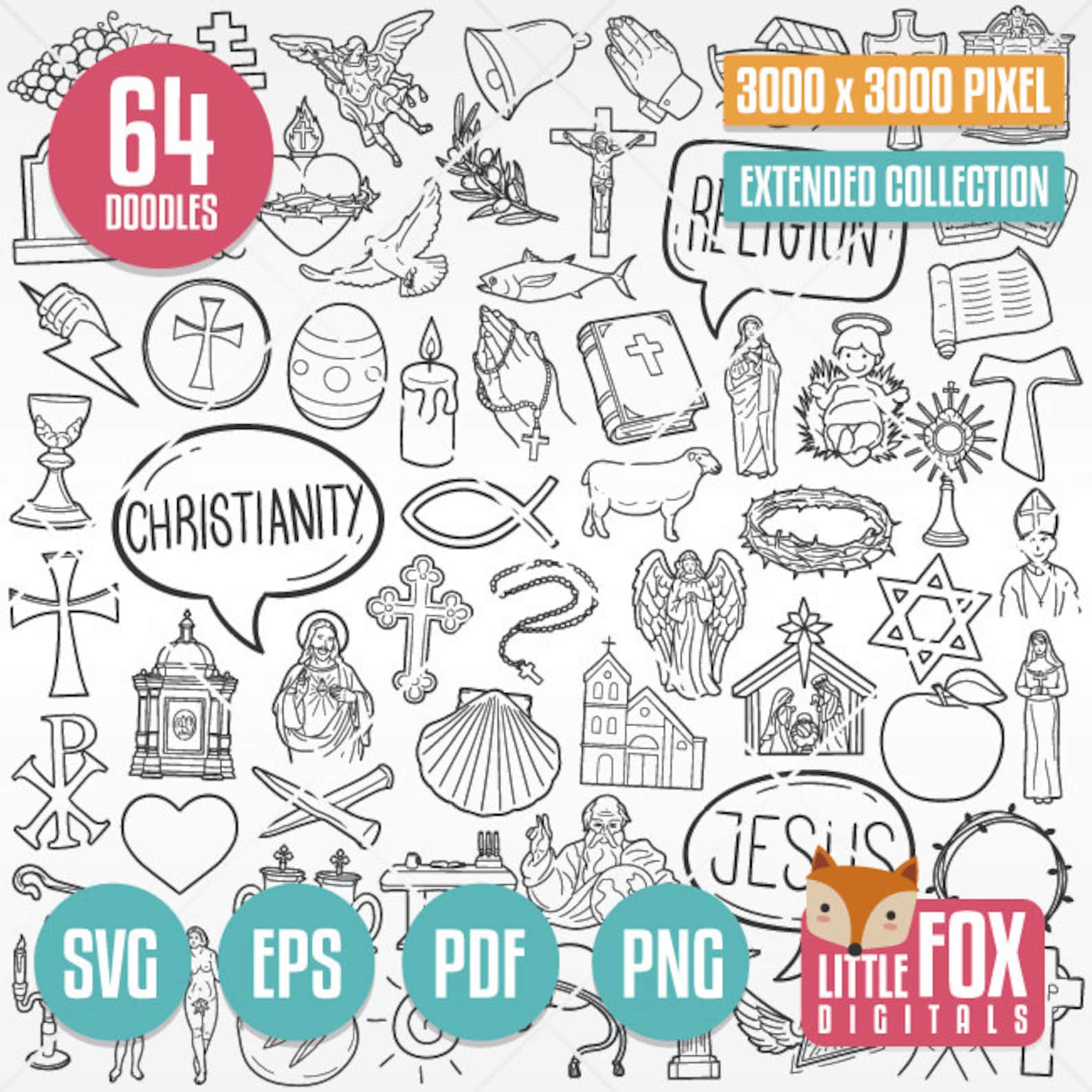 CHRISTIAN RELIGION SVG, Doodle Vector Icons. Christianity Cross Pray ...