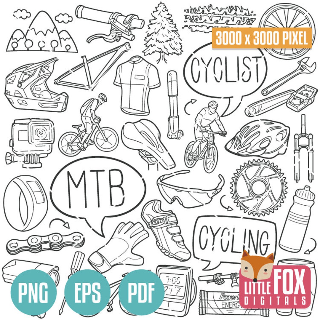 MTB, Doodle Vector Icons. Cycling Mountain Doodle Icons Set Hand Drawn ...