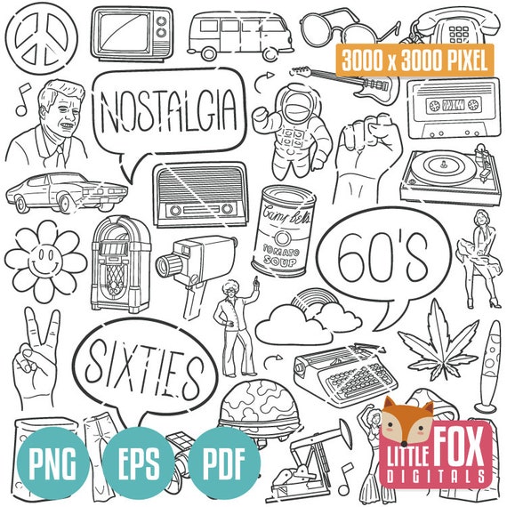 60's Years Icons Doodle Set. Sixties Icons Clipart - Etsy