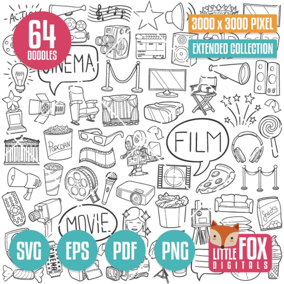 CINEMA SVG Doodle Vector Icons. Movie Night Doodle Icons - Etsy
