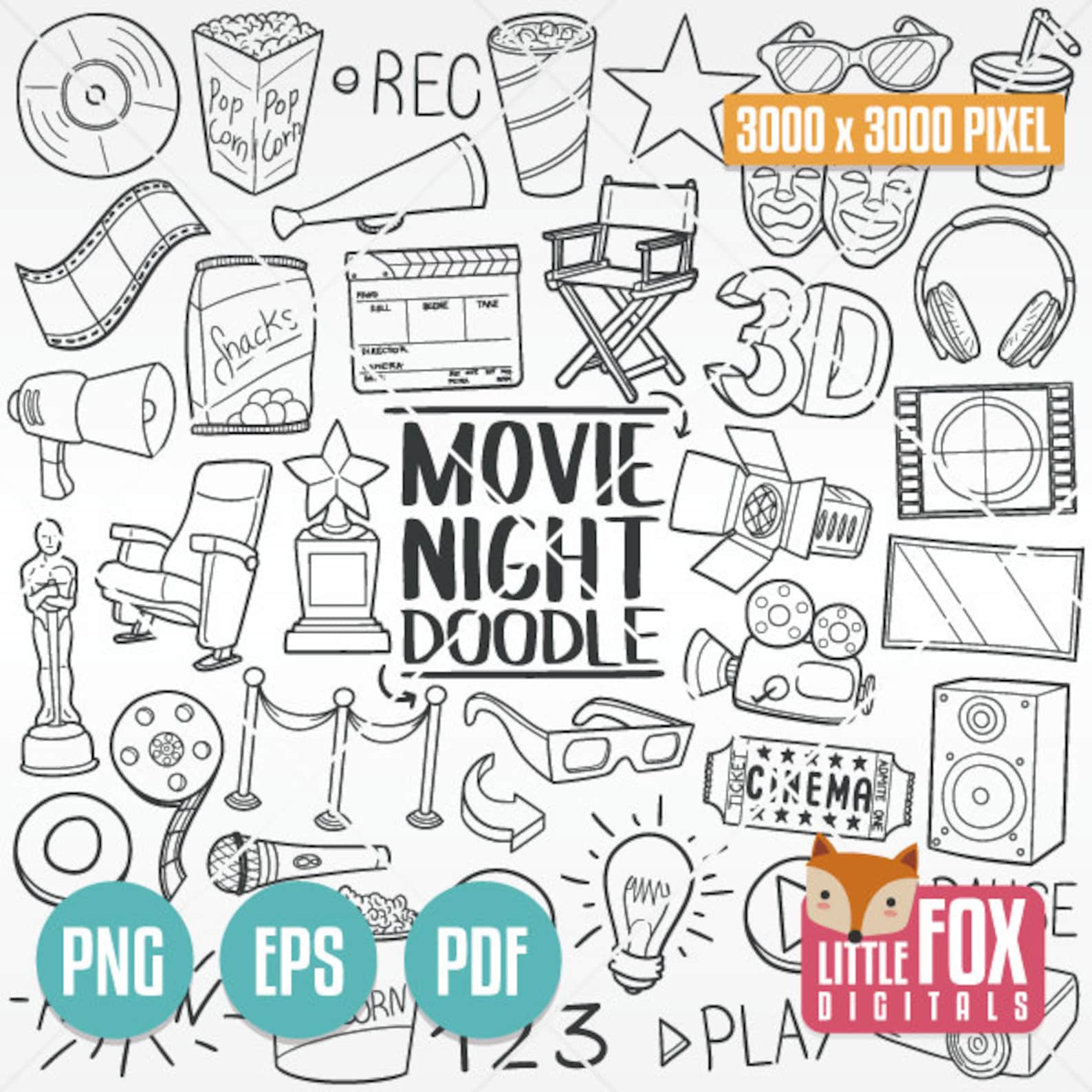 CINEMA MOVIE NIGHT Doodle Vector Icons. Film Hollywood Stars | Etsy