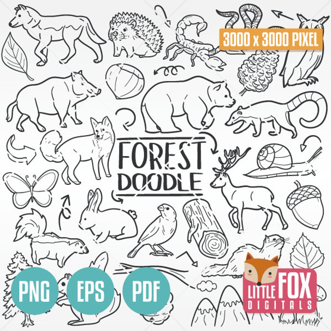 FOREST ANIMALS DOODLE. Fauna Doodle Icons Clipart Scrapbook | Etsy