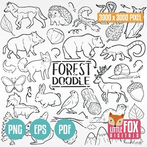 FOREST ANIMALS DOODLE. Fauna Doodle Icons Clipart Scrapbook Set Hand ...