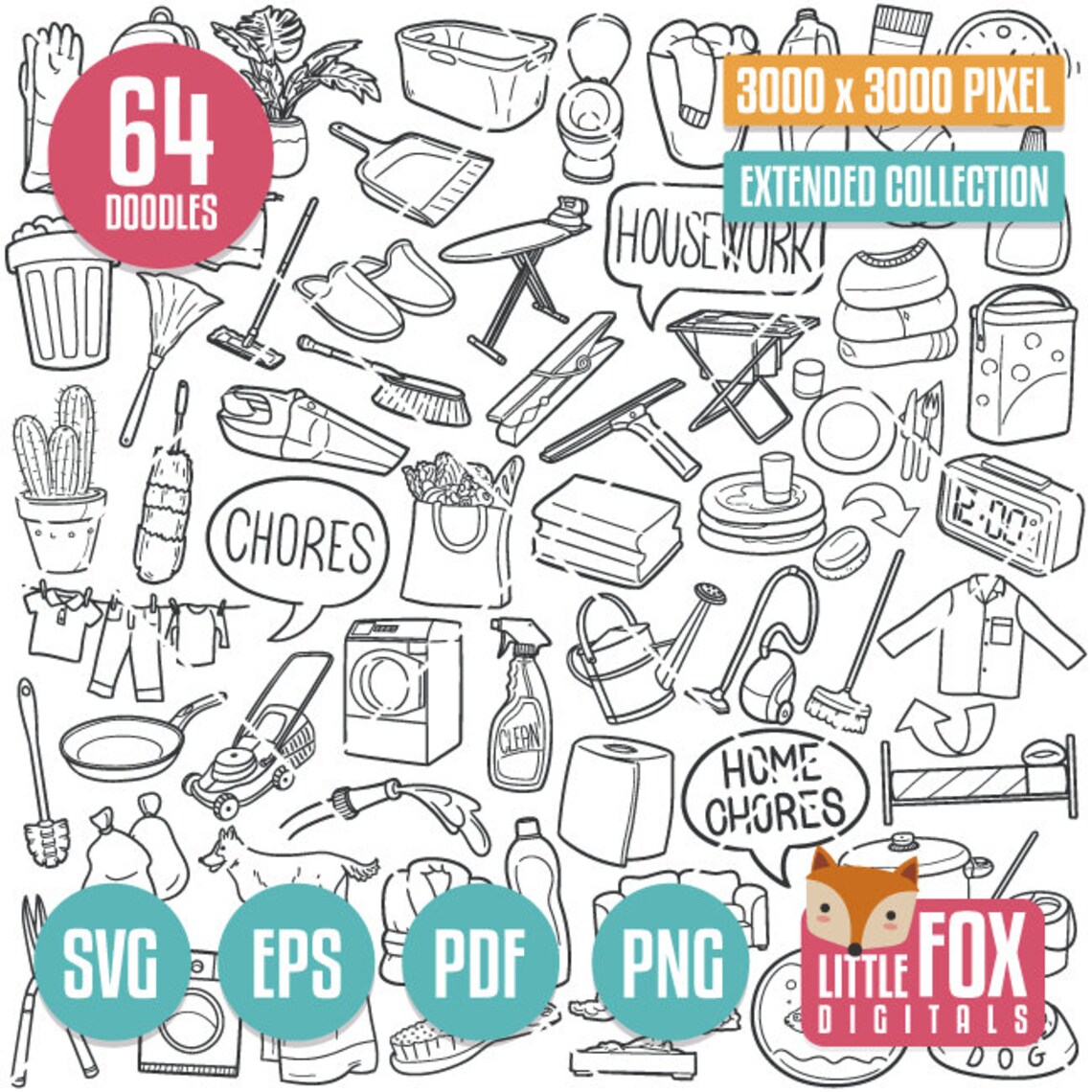 CHORES, SVG Doodle Vector Icons. Homeworks Day Doodle Symbols Clip Art ...