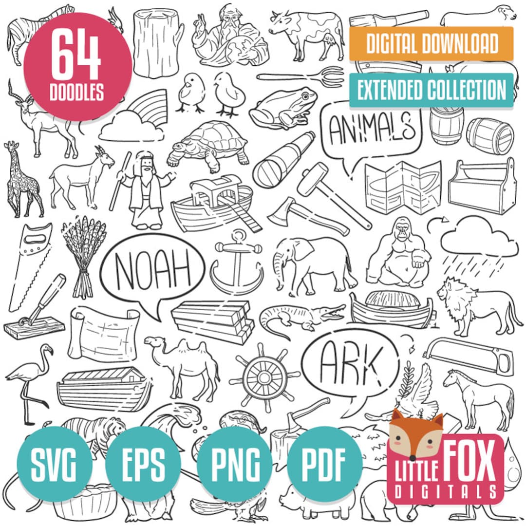 NOAH'S ARK, SVG Doodle Vector Icons. Noahs Ark Animals Clipart. Bible ...