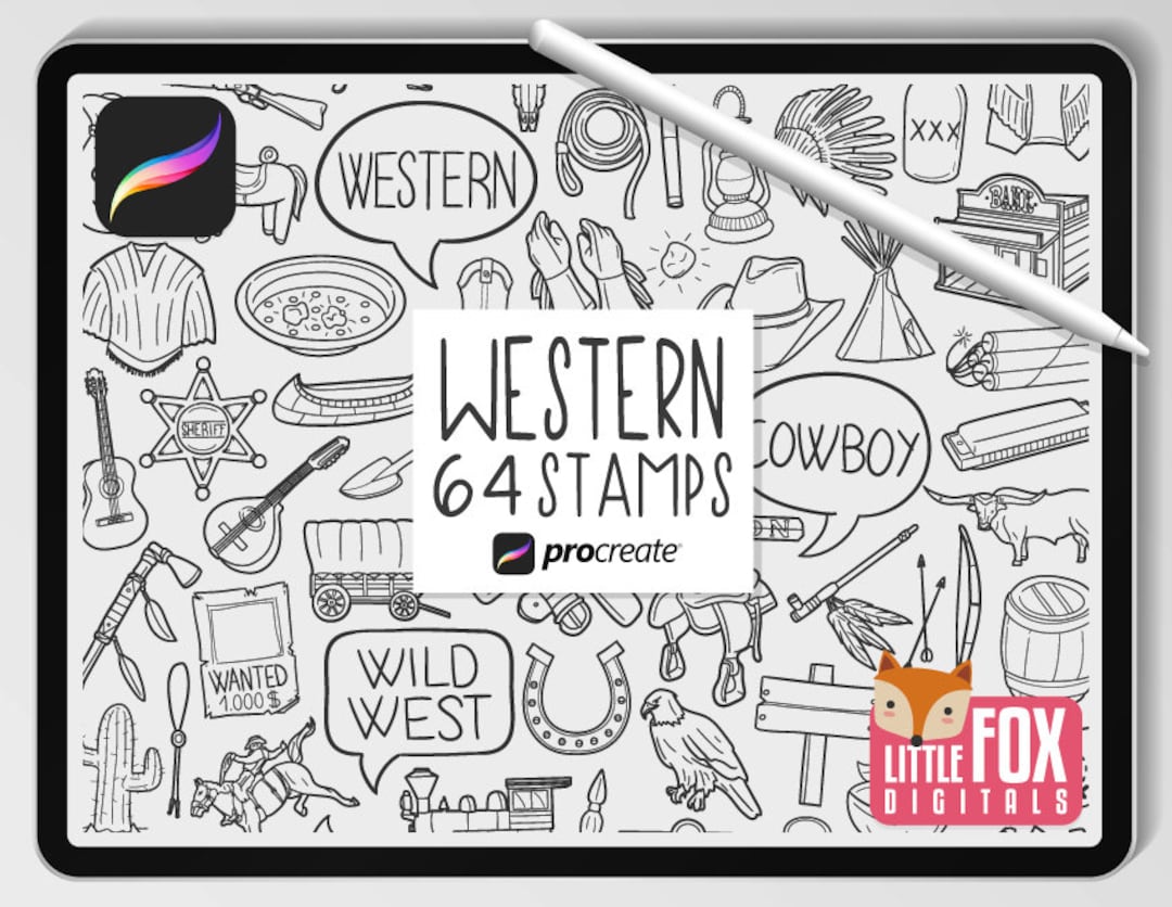 WESTERN STAMPS, Procreate Brushes, Cowboy Icons, Bundle Doodles ...