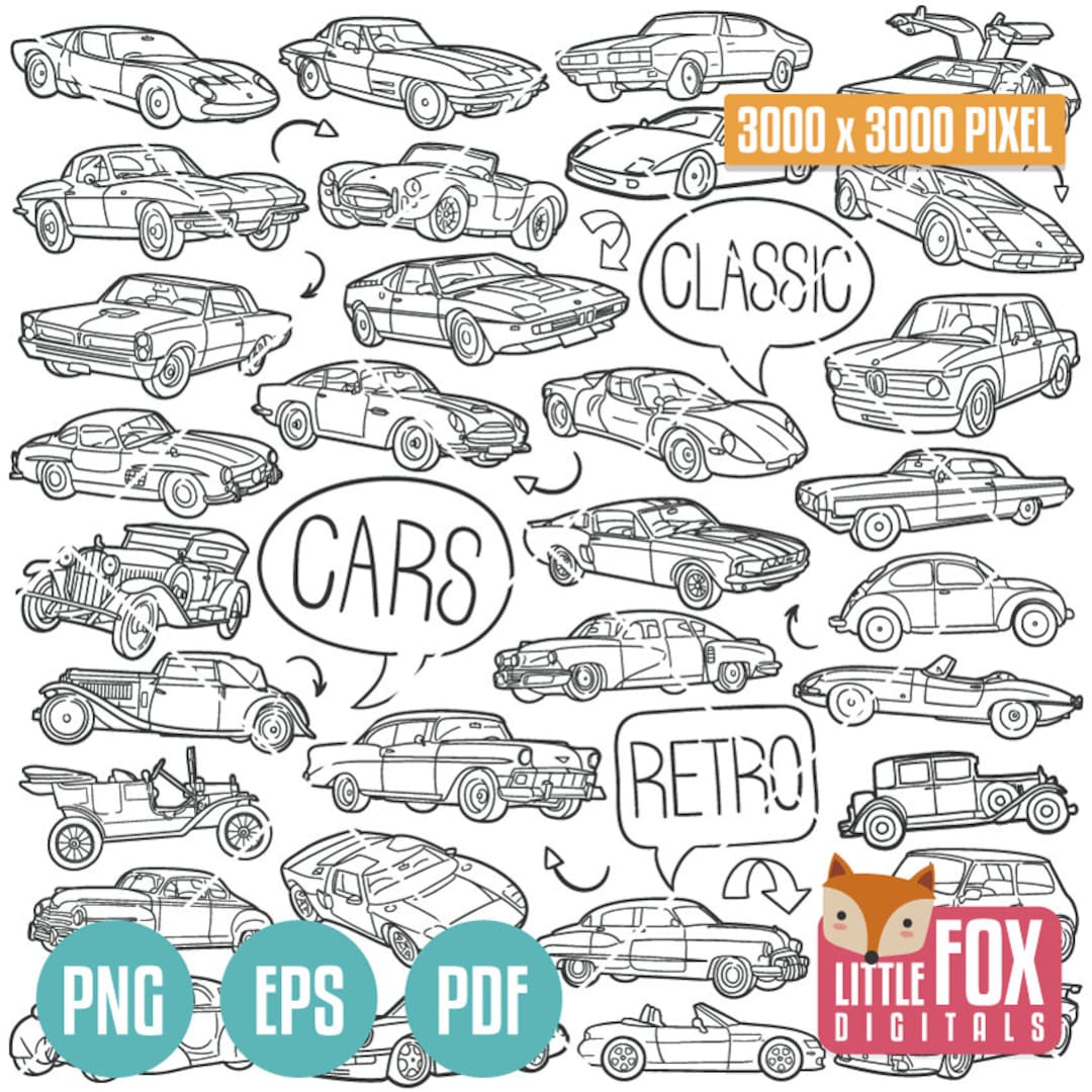 CLASSIC CARS Clipart Vintage Cars Vector Doodle Icons. Vehicles Retro ...