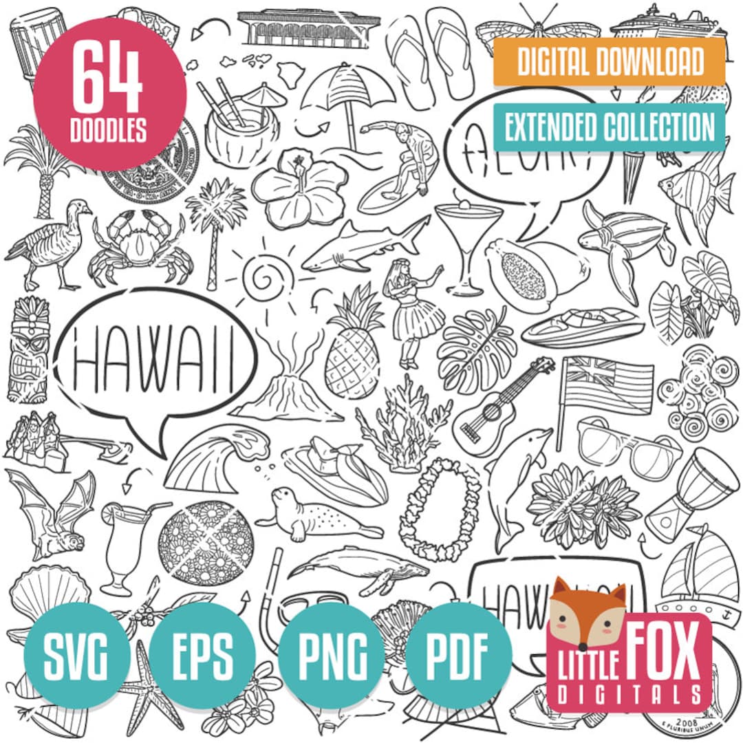 Hawaii SVG Doodle Vector Icons Clip Art. Hawaiian Islands Doodle Icons ...