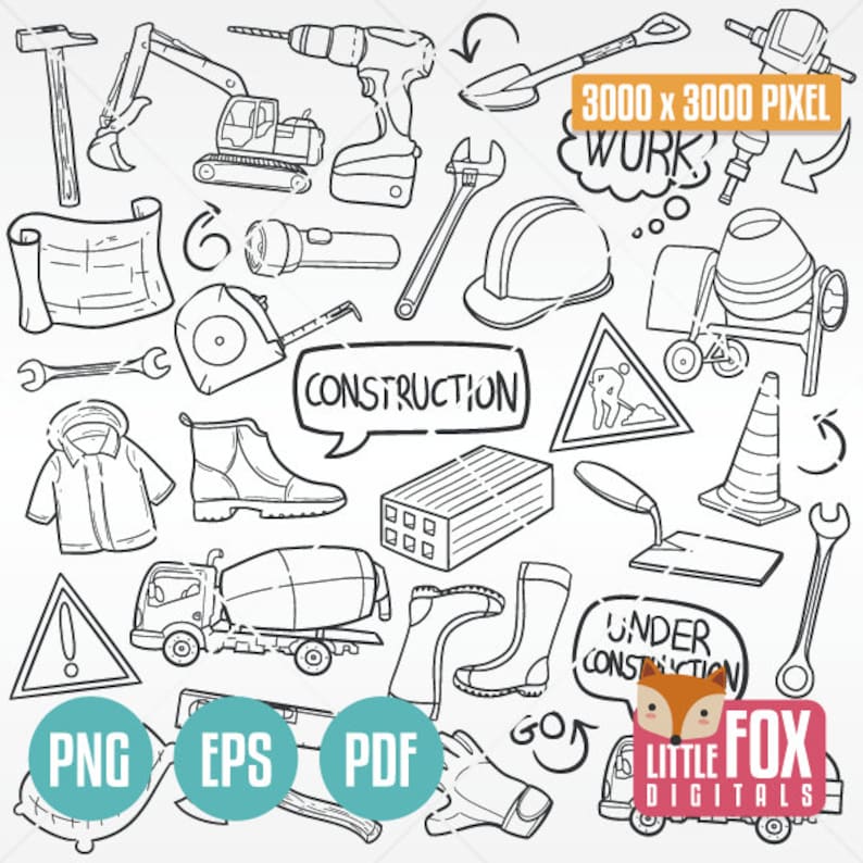 CONSTRUCTION Doodle Icons. Work Tools and Vehicles Doodle | Etsy