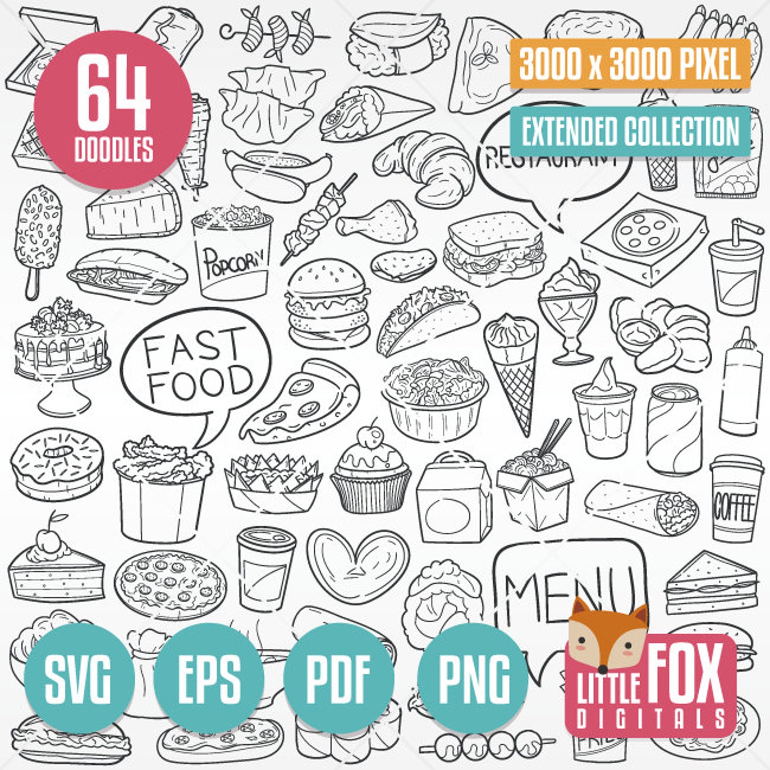 FAST FOOD SVG Doodle Vector Icons. Food Restaurant Menu - Etsy