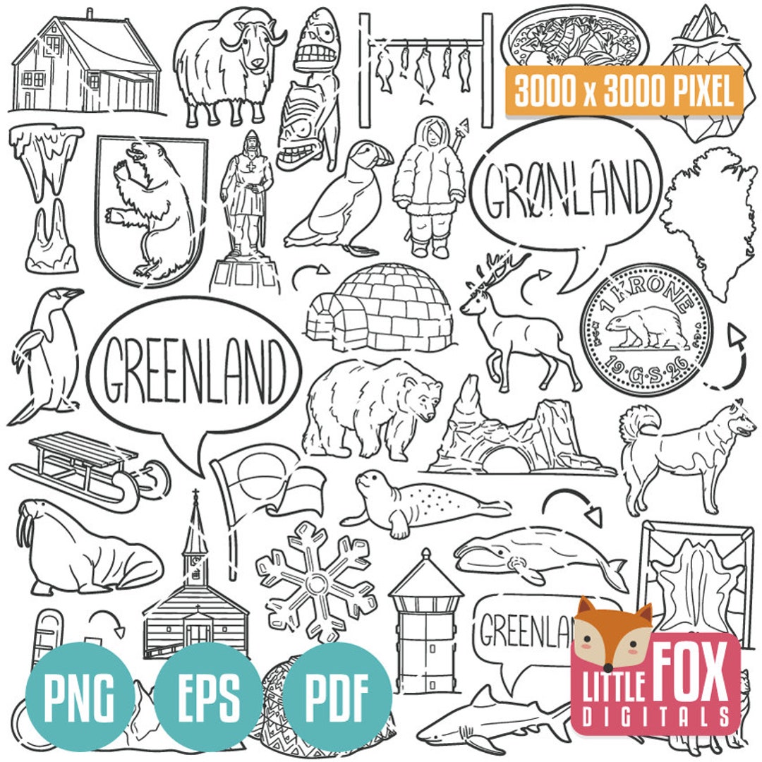 GREENLAND Vector Doodle Icons. Greenlandic Clipart Scrapbook. Grønland ...