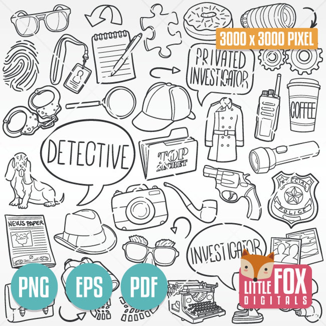 DETECTIVE Doodle Clip Art Vector Icon. Objects PRIVATED INVESTIGATOR ...