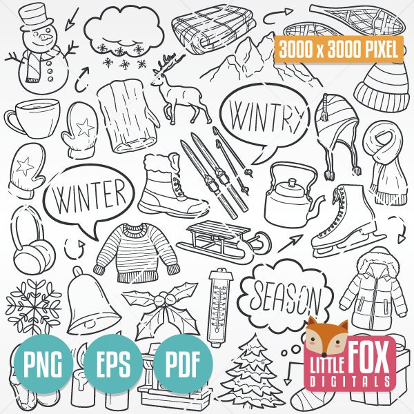 Winter Doodle Vector Icons, Hand Drawn Clipart (PNG, EPS, PDF) - Etsy