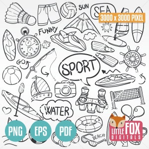 WATER SPORTS, Beach Summer Doodle Icons. Clipart Scrapbook Set Line Art ...