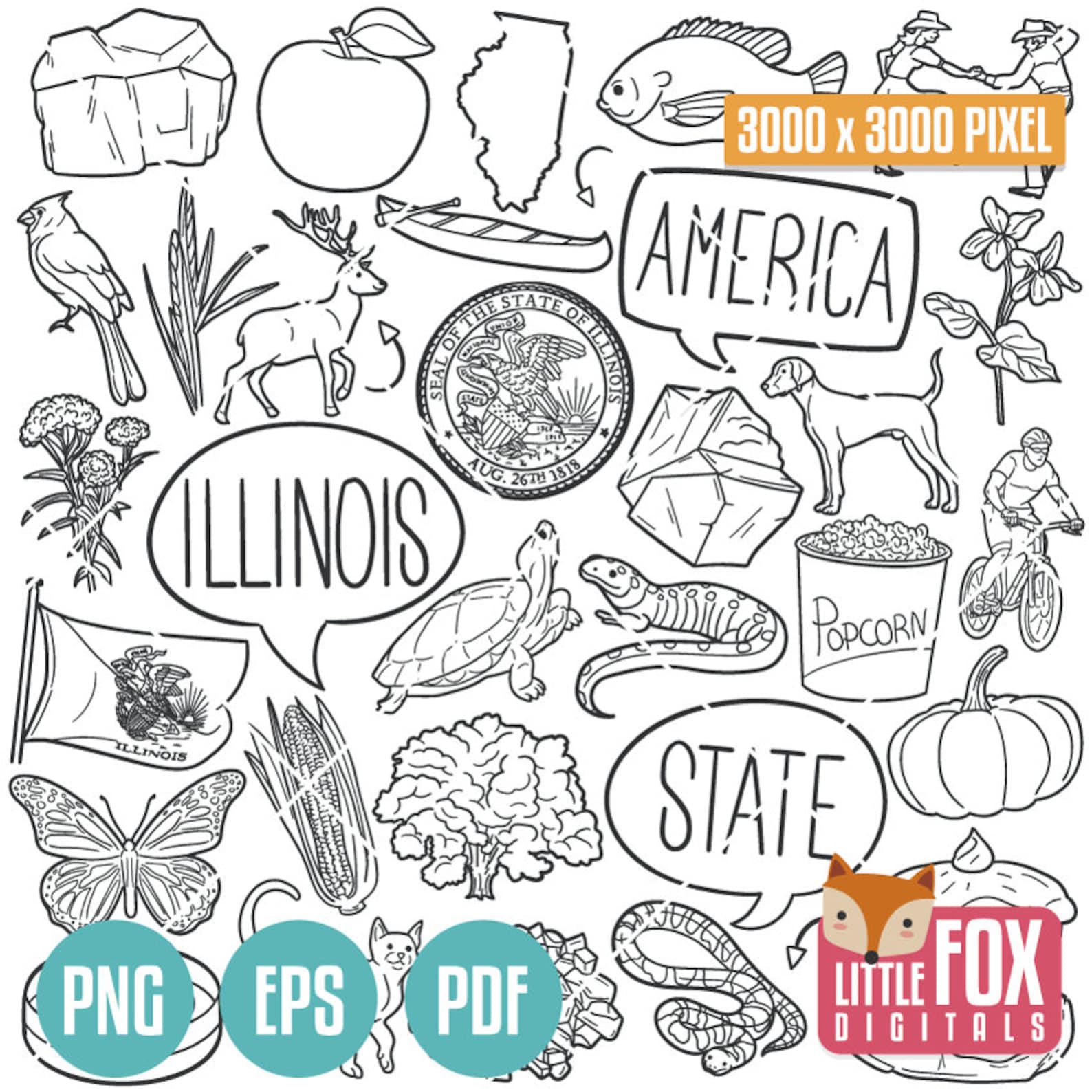 ILLINOIS State Symbols. American State Clipart. Chicago Springfield ...