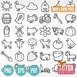 FARM ANIMALS, Doodle Vector Icons. Farmer Tools Vector Doodle Icons ...