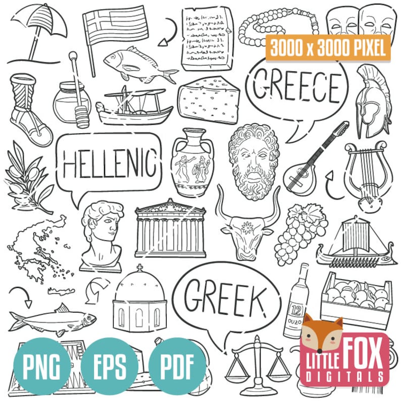 GREECE Clipart, Greek Doodle Icon Vectors. Hellenic Design Doodle Icons ...