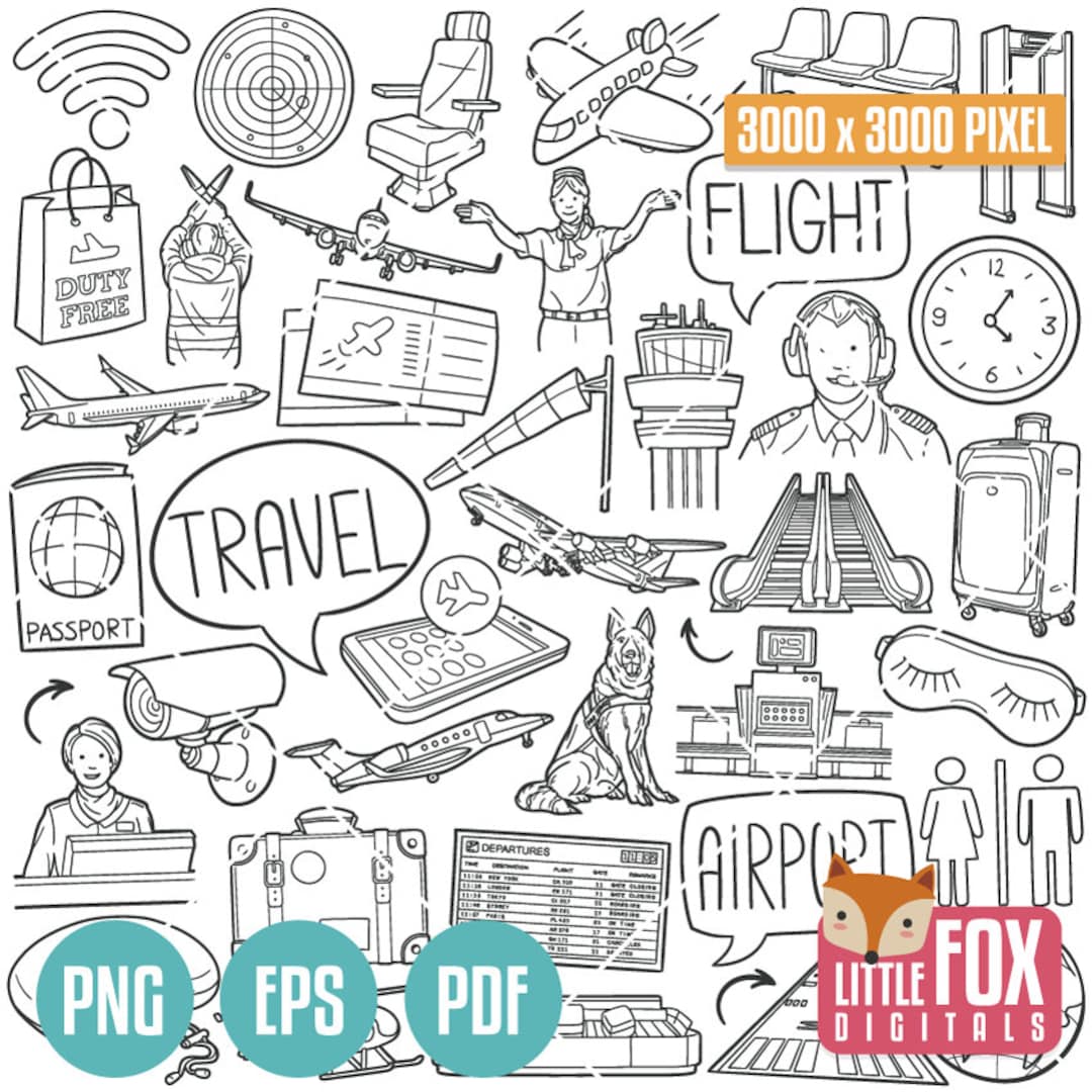 AIRPORT Doodle Vector Icons. Flight Illustration Clipart, Airplane ...