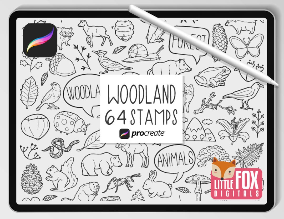 WOODLAND ANIMALS STAMPS, Procreate Brushes, Animal Icons Bundle Doodles ...