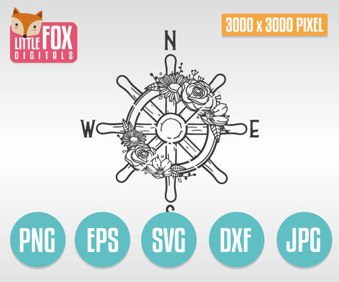 FLORAL RUDDER Compass SVG. Compass Rose Ship Helm. Compass Silhouette ...