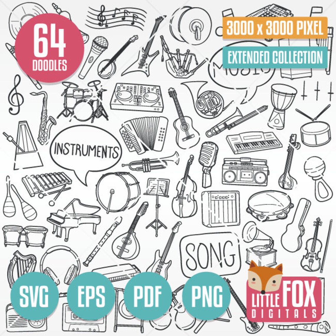 MUSIC SVG, Doodle Vector Icons. Instrument Tools Traditional Doodle ...