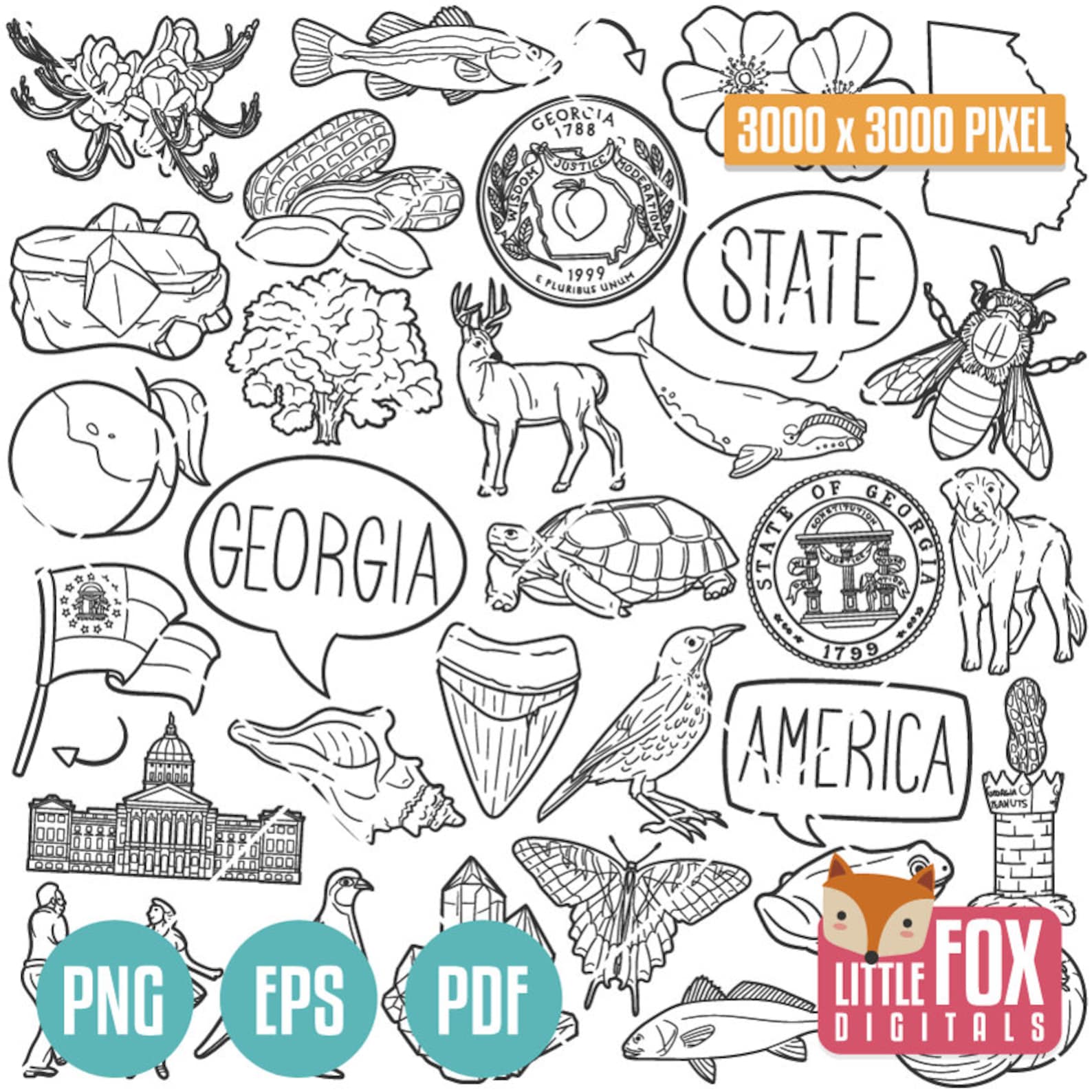 GEORGIA State Symbols. American State Clipart. Atlanta Augusta Columbus ...